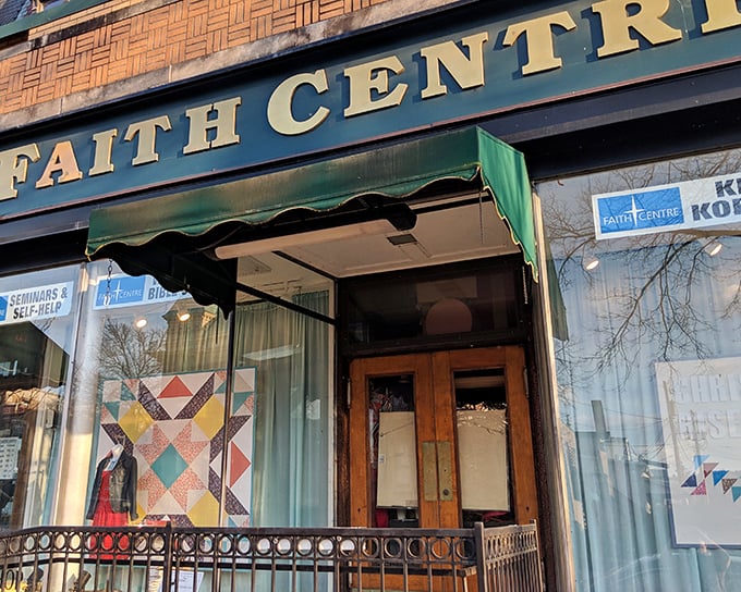 Faith Centre's charming storefront beckons bargain hunters with its vintage signage and quaint entrance. Treasure hunting begins at the threshold.