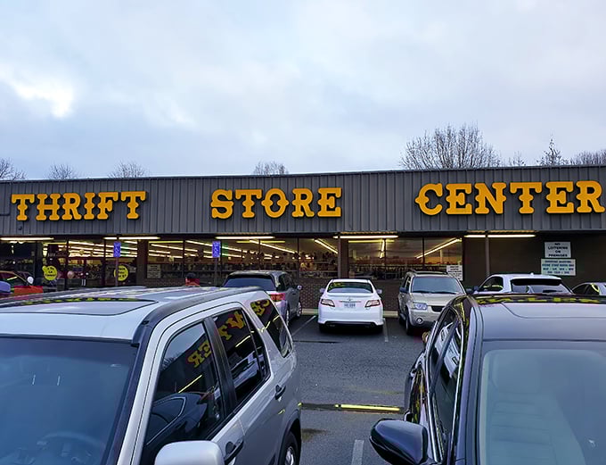 The glow of Prime Thrift's signage beckons like a lighthouse for bargain hunters, promising treasures within those unassuming walls.