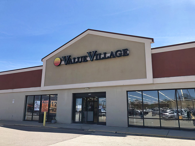 The iconic sunset-colored logo of Value Village welcomes treasure hunters to this Racine wonderland of secondhand possibilities.