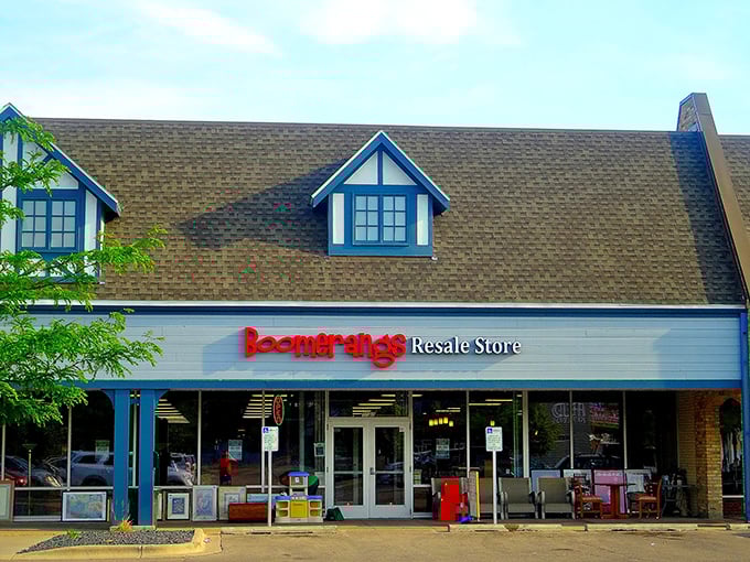The charming Tudor-style exterior of Boomerangs beckons with its distinctive red signage—like a lighthouse for bargain hunters navigating the sea of retail sameness.
