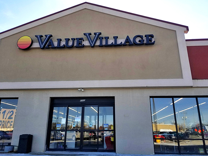 The unassuming facade of Value Village in Racine – where budget-friendly treasures await behind those modest doors.
