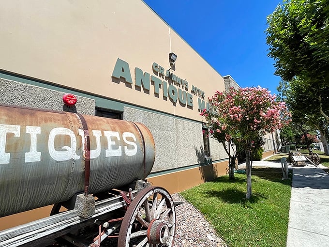 Outside, even the antique wagon seems to be saying, "Come on in, partner, there's gold in them there aisles!"