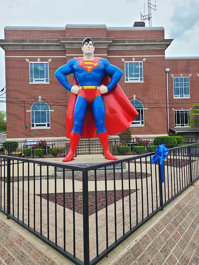 Standing tall against the Metropolis skyline, Superman keeps watch with that classic hands-on-hips pose that screams "I've got this, citizens!"