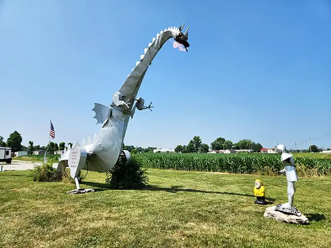 The Kaskaskia Dragon stands tall against the Illinois sky, a metallic marvel waiting to unleash its fiery breath on command.