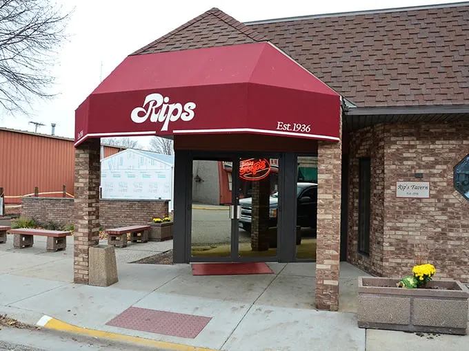The iconic red awning of Rip's Tavern stands as a beacon of fried chicken perfection in tiny Ladd, Illinois—a pilgrimage site disguised as a neighborhood tavern.