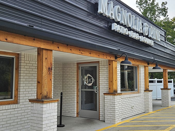 The modern rustic charm of Magnolia & Pine's exterior welcomes you with its striking black facade and warm wooden accents. Small-town Pennsylvania meets contemporary design brilliance.