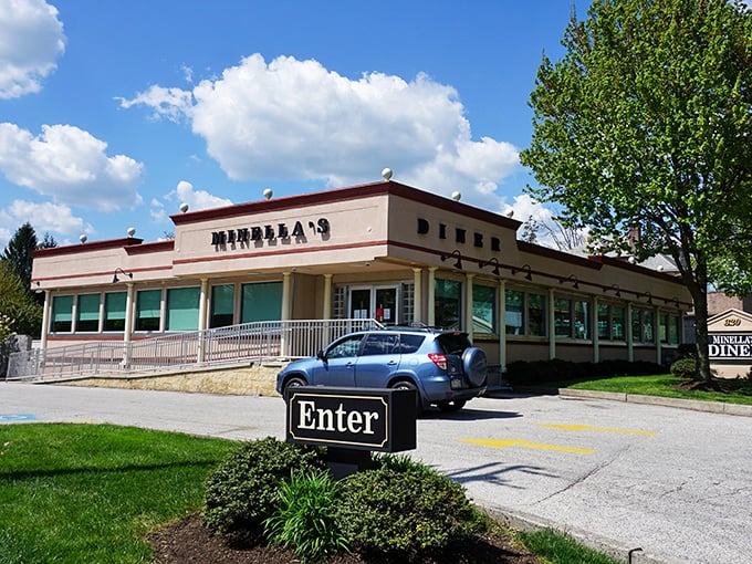 The classic diner exterior promises no-nonsense comfort food excellence. Minella's stands like a beacon of hope for the hungry traveler on Lancaster Avenue.