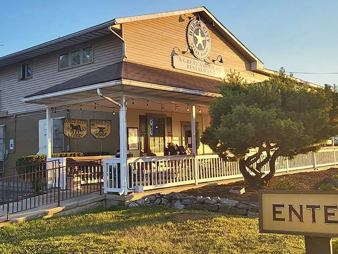 The Western-themed exterior of Dodge City Steakhouse stands proudly against the Pennsylvania sky, promising carnivorous delights within.