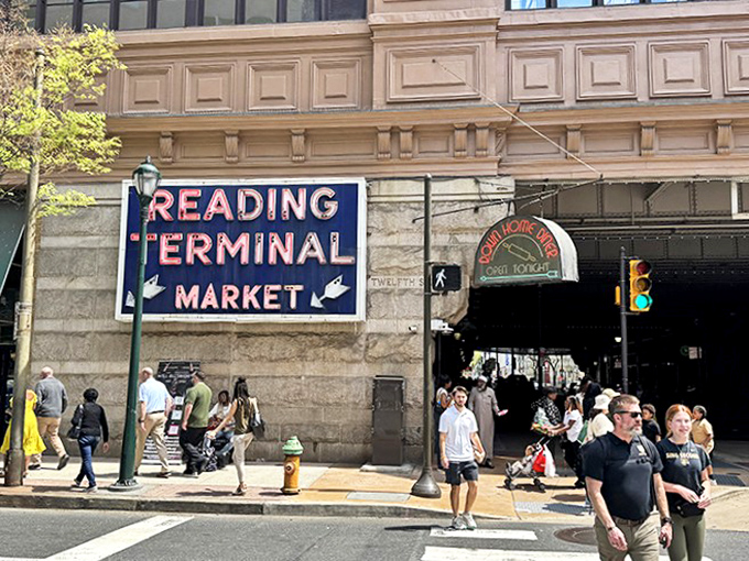 The iconic Reading Terminal Market welcomes hungry souls with promises of culinary adventures waiting inside.