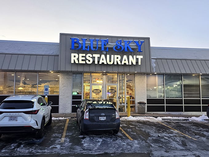 The blue sign beckons like a lighthouse for hungry travelers – Blue Sky Restaurant doesn't need fancy architecture when what's inside is this good.