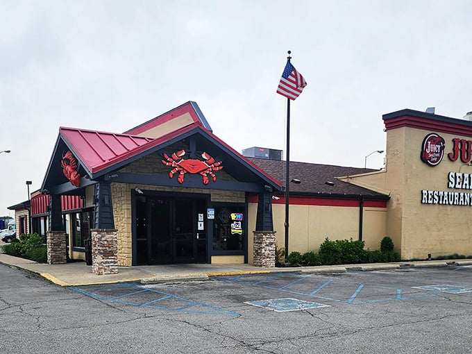 The bright red roof and giant crab logo announce your arrival at seafood paradise—no coastal view required in this Beech Grove gem.