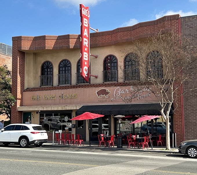 That iconic red vertical sign isn't just advertising – it's a beacon of hope for the hungry souls of South Pasadena. Welcome to barbecue paradise.