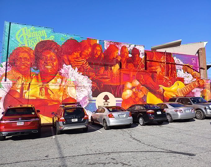 The vibrant mural adorning H & H's exterior isn't just eye candy—it's a visual love letter to Macon's soul food and music legacy.