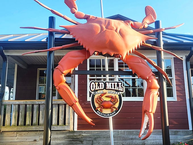The giant orange crab perched atop Old Mill's entrance isn't just decoration—it's a beacon calling seafood lovers home from miles around.
