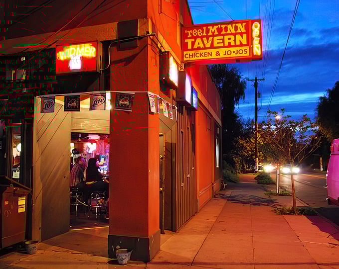 A humble red building that doesn't need to shout about its legendary status—the chicken does all the talking.