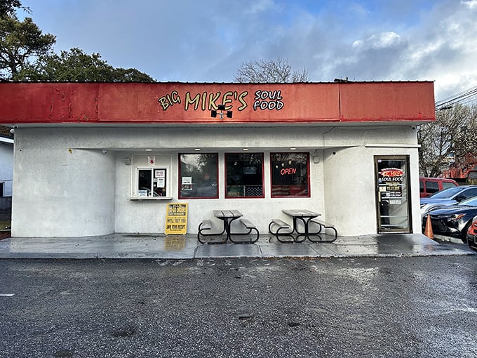 Another view of Big Mike's storefront on a cloudy day – like finding a treasure map where X marks the spot for legendary fried chicken.