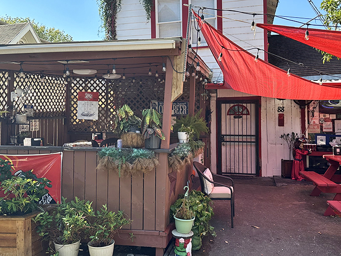 From the outside, it’s part front porch, part backyard party—like stumbling into Mayberry with a side of Lone Star charm.