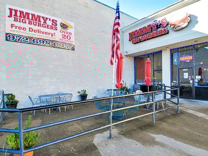 The unassuming storefront of Jimmy's Big Burgers beckons with its bright red sign – proof that culinary treasures often hide in plain sight.