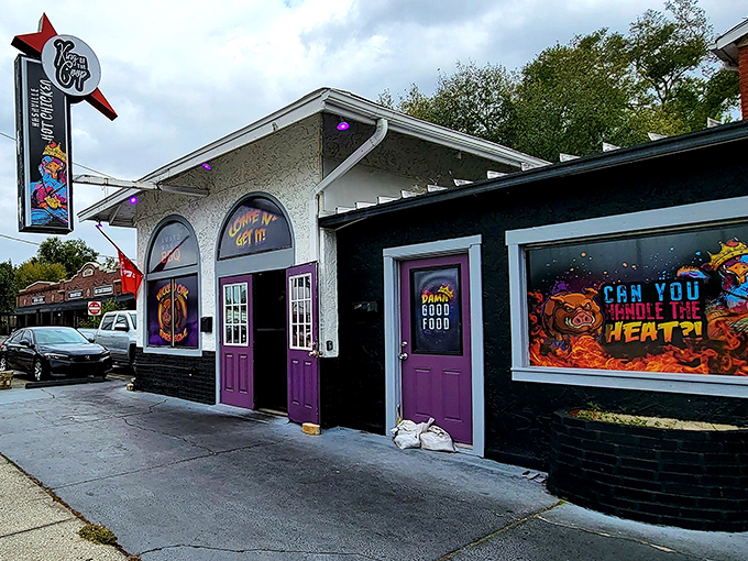 Purple doors that practically wink at you—Wicked Oak's exterior is like a funky art gallery that happens to serve life-changing barbecue.