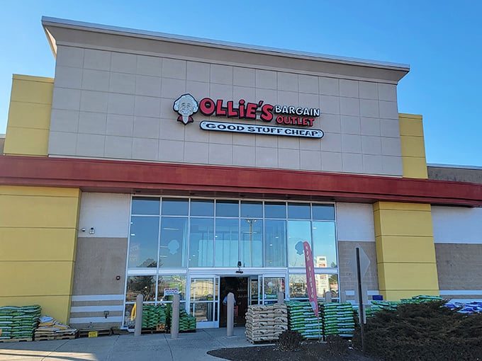 The iconic yellow and red facade of Ollie's Bargain Outlet stands like a beacon of bargain hope in Mechanicsburg, promising adventures in discount discovery.