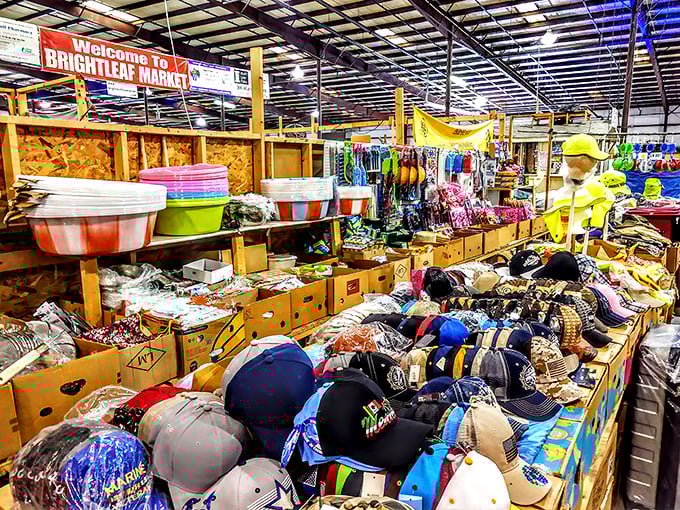 A treasure hunter's paradise awaits under the "Welcome to Brightleaf Market" sign, where colorful plastic tubs sit alongside endless rows of caps and trinkets.