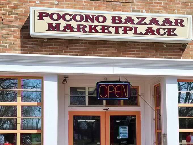 Behind this simple brick façade, Pocono Bazaar Marketplace beckons bargain hunters inside with its neon ‘OPEN’ glow and endless treasures.