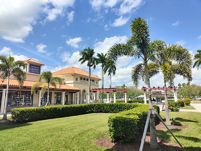 Mediterranean charm meets bargain hunting paradise at Florida Keys Outlet Marketplace, where palm trees and terracotta roofs create a shopping oasis that feels more resort than retail.