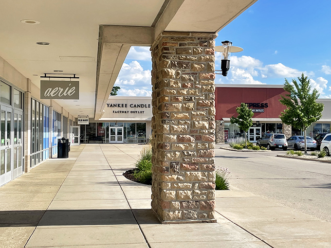 The architectural stone pillars and clean walkways make Pleasant Prairie Premium Outlets feel less like a mall and more like a shopping village.