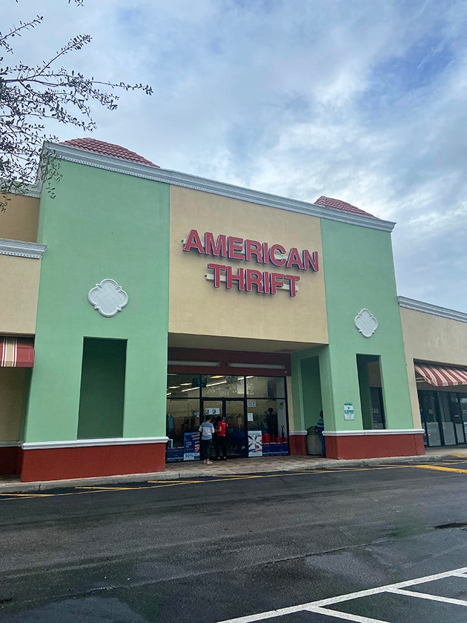 The mint-green facade of American Thrift stands like a beacon of bargain hope under Florida's blue sky. Treasure hunters, your paradise awaits!