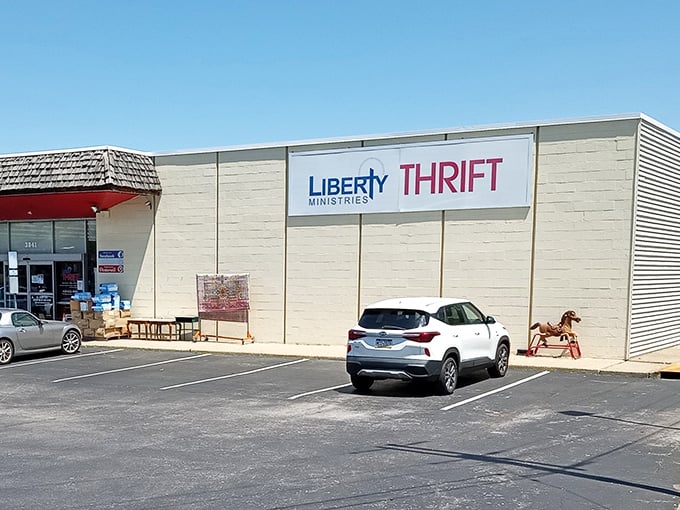 The unassuming exterior of Liberty Thrift belies the treasure trove within—like finding a five-star restaurant in a strip mall, the joy is in the discovery.
