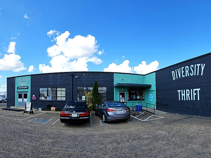 The teal-accented entrance to Diversity Thrift stands like a portal to treasure-hunting paradise. Who knew bargain heaven had such a distinctive façade?