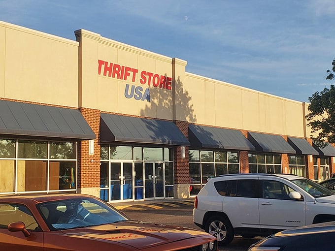 The bright facade of Thrift Store USA stands like a beacon for bargain hunters, promising treasures within those brick-trimmed walls.