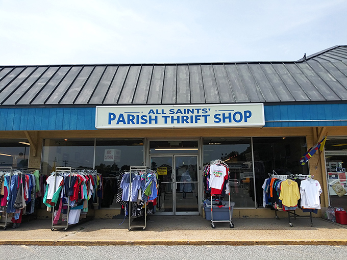 The welcoming storefront with its straightforward signage doesn't try to be fancy—it lets the merchandise speak for itself. Thrift shopping in its purest form.