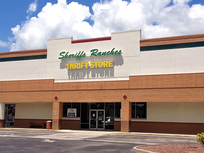 The unassuming facade of Sheriffs Ranches Thrift Store in Ocala—where bargain hunters begin their treasure-seeking adventures with high hopes and empty shopping carts.