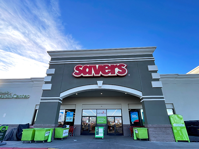 The iconic red Savers sign stands out against the Nevada sky, a beacon of hope for bargain hunters and treasure seekers alike.