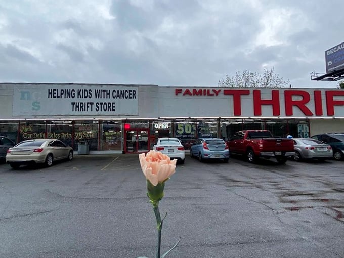 "Helping Kids With Cancer" proudly displayed above the entrance – shopping here isn't just bargain hunting, it's karma-boosting retail therapy with a purpose.