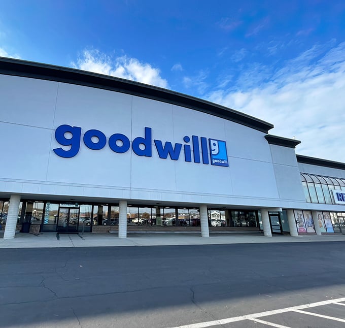 Under clear Ohio skies, this Goodwill's sleek exterior gives little hint of the treasure trove waiting inside.
