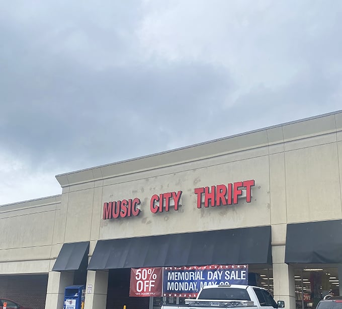 Another day, another sale at Music City Thrift. The Memorial Day banner promises treasures at half price—my wallet is already doing a happy dance.