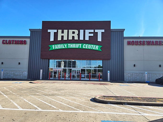 The mothership has landed! Family Thrift Center's imposing facade promises treasure hunters the thrill of discovery behind those red-bollarded doors.