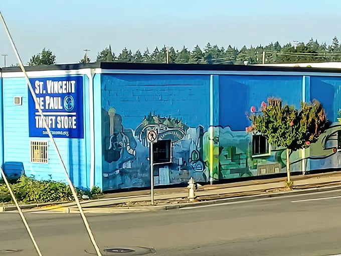 The bright blue exterior isn't just eye-catching—it's a beacon of hope and hidden treasures waiting to be discovered inside.