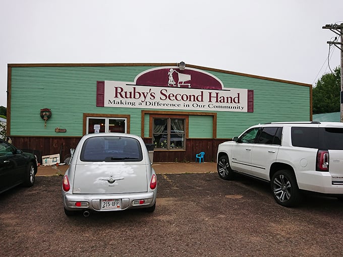The mint-green exterior of Ruby's Second Hand promises treasure hunting adventures within. "Making a Difference in Our Community" isn't just a tagline—it's their mission.