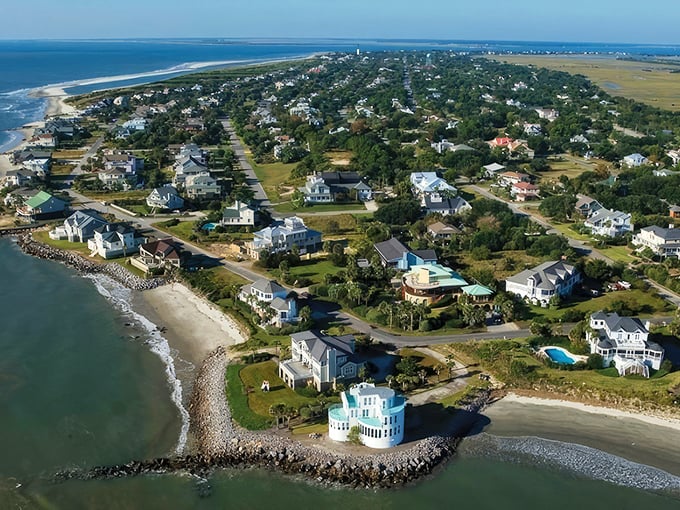 Sullivan's Island from above looks like nature's perfect compromise – ocean on one side, marsh on the other, and charming homes nestled between like they've always belonged there.