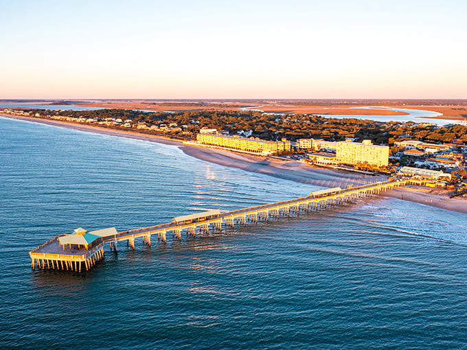 Aerial dreams in turquoise and white – Folly Beach's pristine shoreline and famous pier create South Carolina's answer to paradise.
