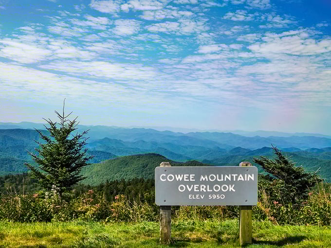 The sign doesn't lie, folks! At 5,950 feet, Cowee Mountain Overlook delivers layers of blue-tinged mountains stretching to infinity under a perfect Carolina sky.