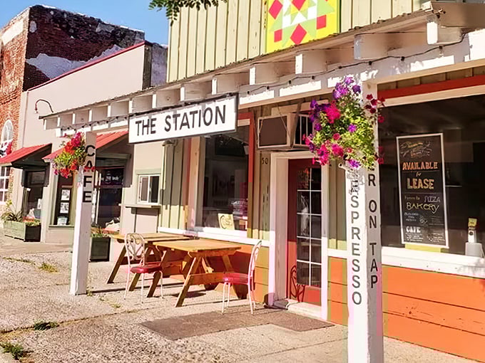 The Station's colorful facade and picnic table invite you to slow down and savor small-town charm. Main Street dining without the main street prices!
