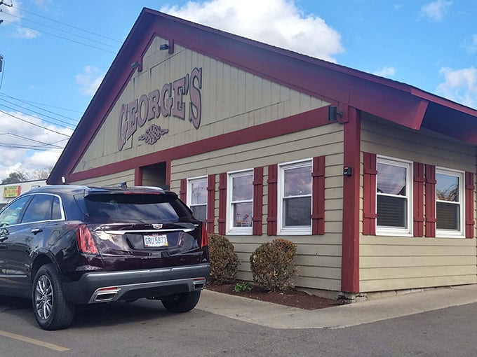 The iconic red-trimmed exterior of George's Family Restaurant stands as a beacon of breakfast hope for hungry Daytonians seeking morning salvation.