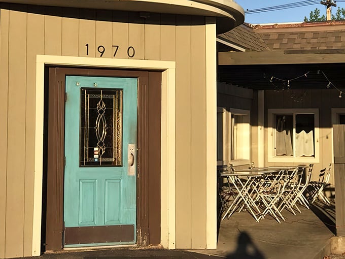 That iconic turquoise door isn't just an entrance—it's a promise of culinary adventure waiting behind address 1970 in Cuyahoga Falls.