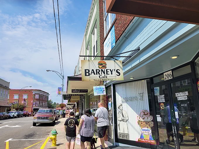 The storefront says it all – Mayberry magic meets burger paradise at Barney's Cafe, where Andy Griffith's spirit lives on in every bite.