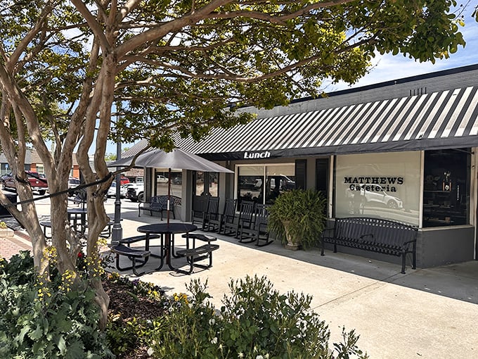 The unassuming exterior of Matthews Cafeteria beckons with rocking chairs that practically whisper, "Slow down, sugar. Good things come to those who wait."