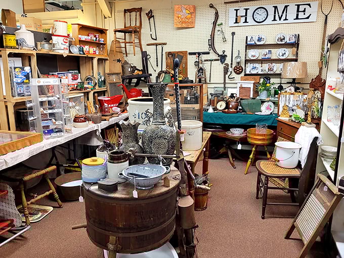 Inside, every shelf and corner bursts with vintage charm — from iron tools and ornate vases to nostalgic kitchenware — a true time-traveler’s playground where each item whispers a story from the past.